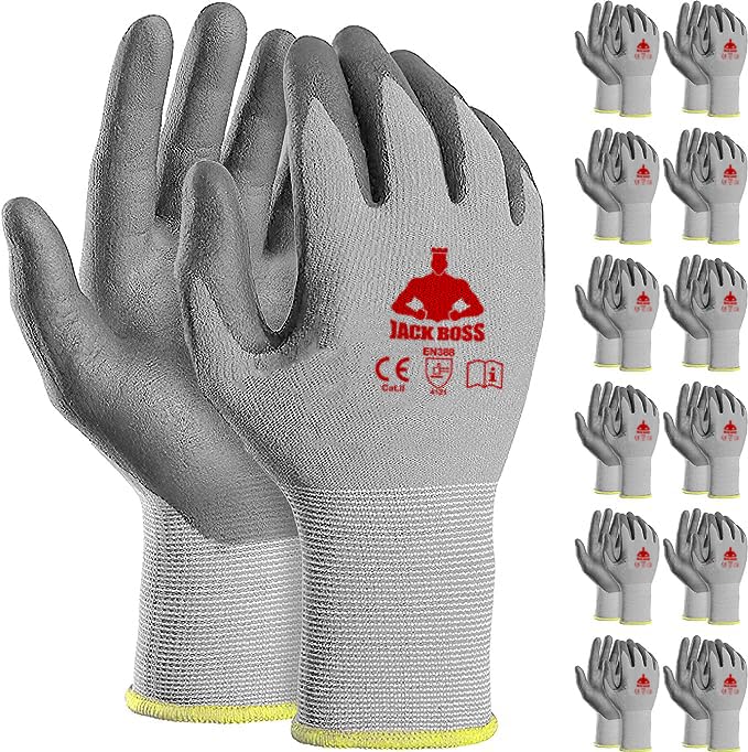 Jack Boss 12 Pairs Safety Work Gloves, All-Purpose Gardening Glove with Nitrile Coated and Seamless Knit, Suitable for both Man & Woman Working Fishing, Large