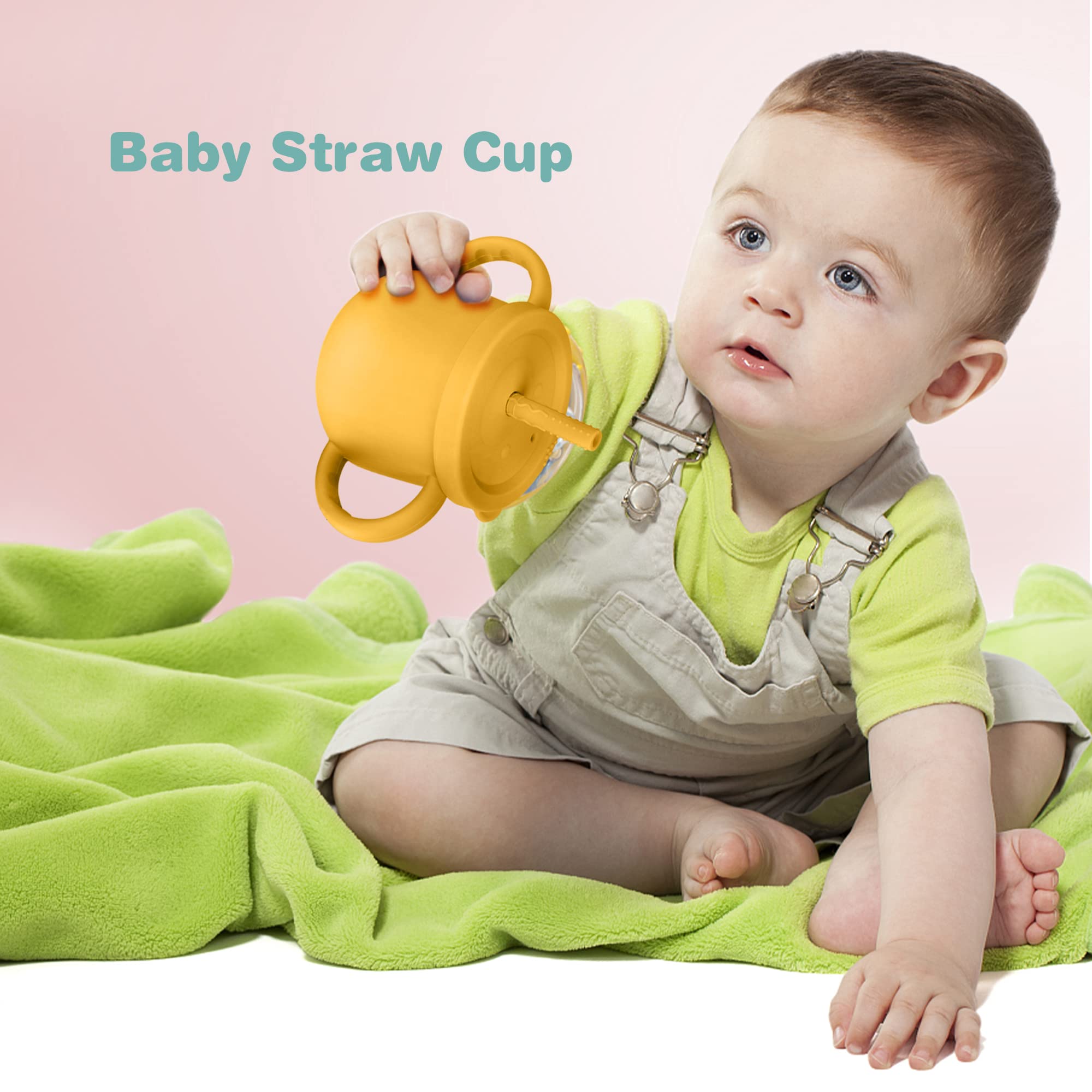 Baby Straw Cup Silicone Toddler Sippy Cup with Straw & Snack Lid, Sprill Proof Training Cup for Infant 6+ Months, Kid Snack Cup Drinking Open Cup 8 OZ (Waterspout Blue)