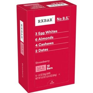 rxbar protein bars, 12g protein, gluten free snacks, strawberry, 22oz box (12 bars)