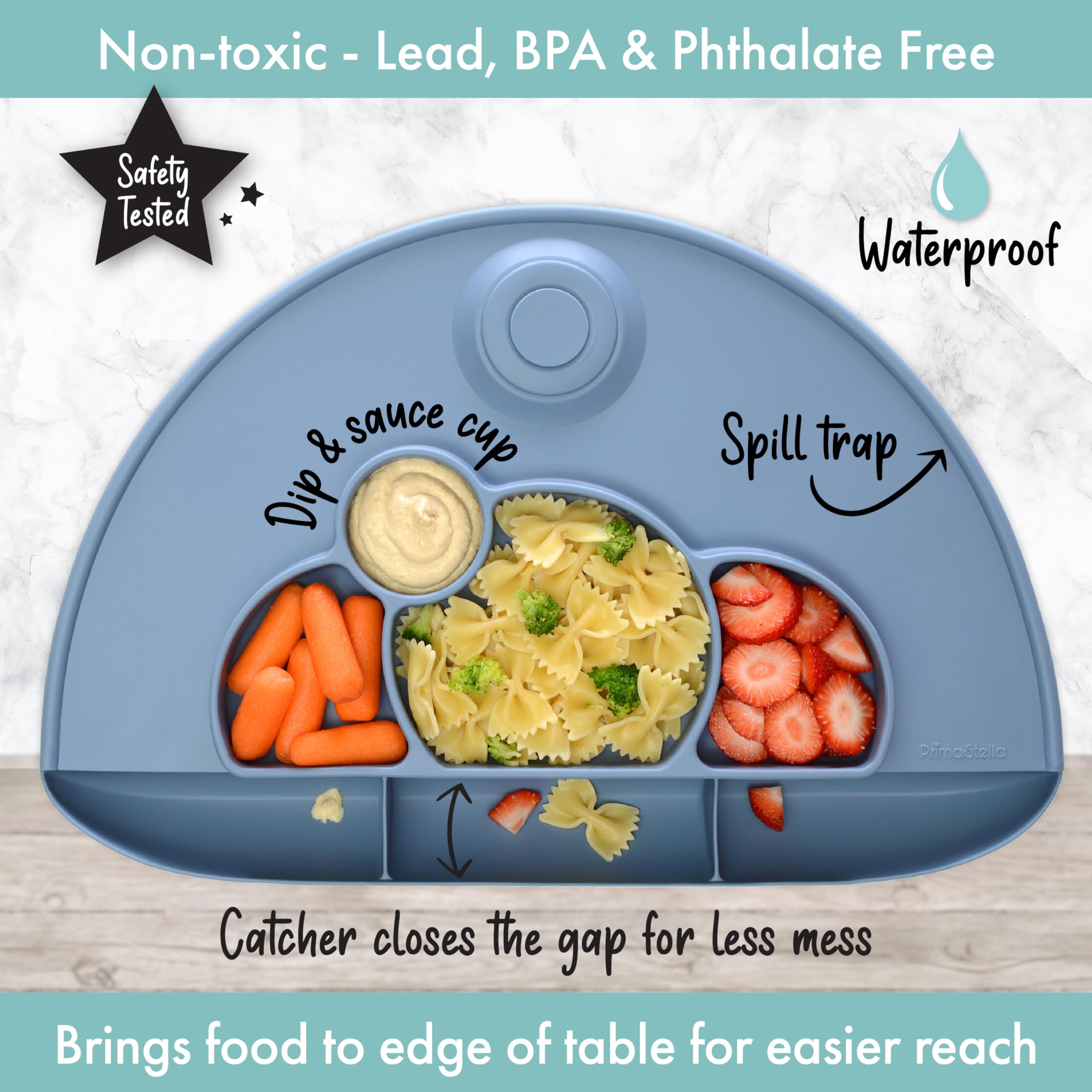 PrimaStella Unbreakable Silicone Platemat - Divided Toddler Plate, Placemat and Food Catcher All-in-one (Slate Blue)