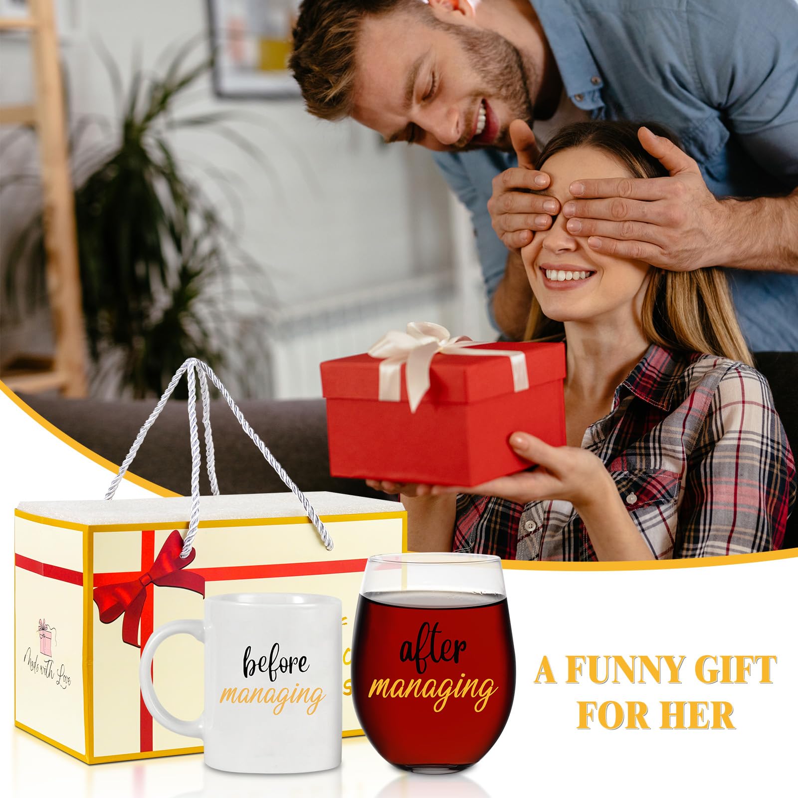 Gifts for Women, Before Managing, After Managing 11 oz Coffee Mug and 18 oz Stemless Wine Glass Set, Unique Boss Lady Appreciation Gifts for Women, Her, Mom, Coworker, Manager, Teacher, Boss