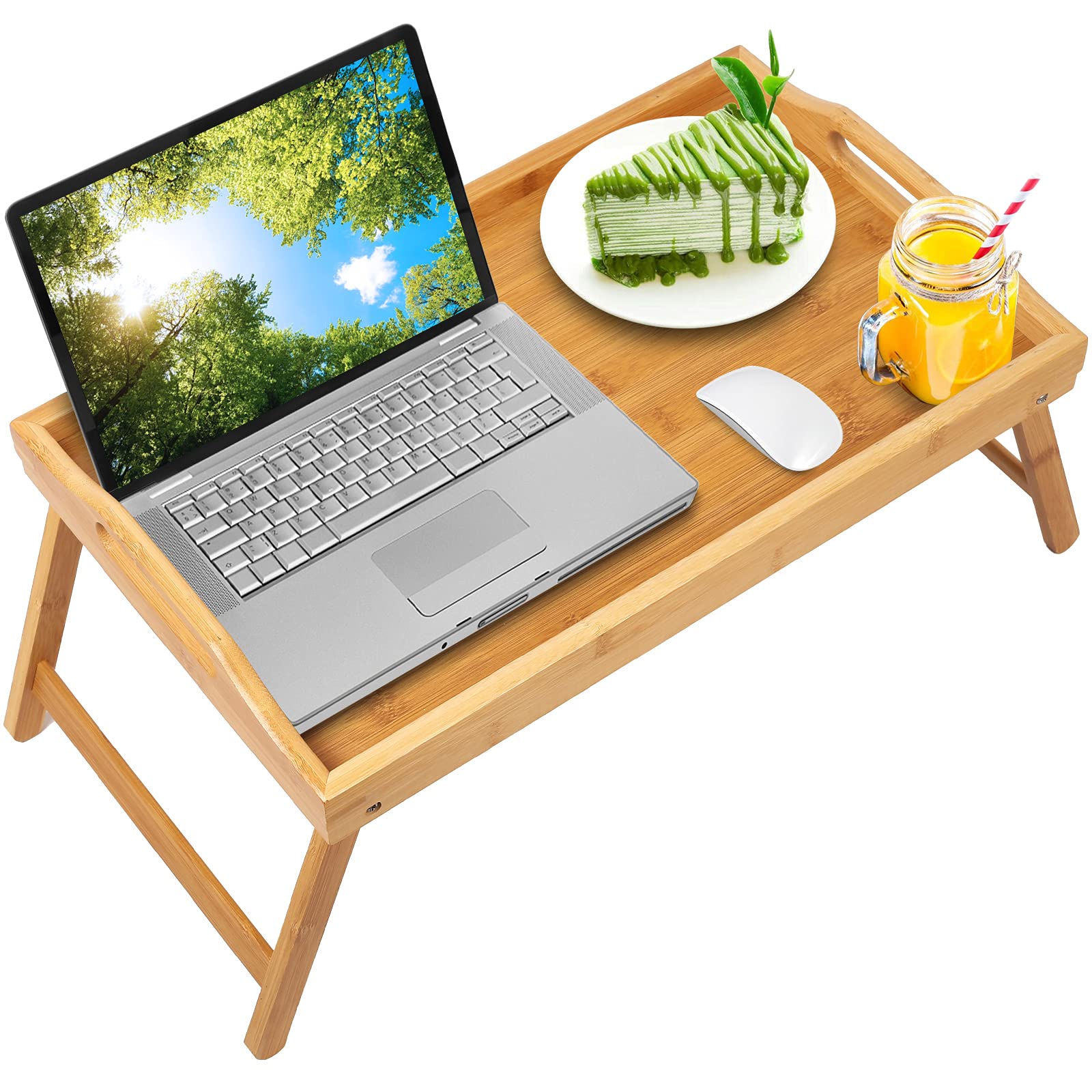 Bed Tray Bamboo Breakfast Food Tray with Folding Legs Kitchen Platters Serving Tray for Bed TV Table Desk Laptop Computer Snack Tray (White Beige, Large)