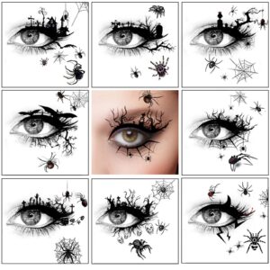 8 pairs halloween temporary eye tattoo stickers&10 sheets spider web stickers 3d eyeshadow eyeliner sticker waterproof face eye art decor sticker masquerade cosplay party decals prank props women girl