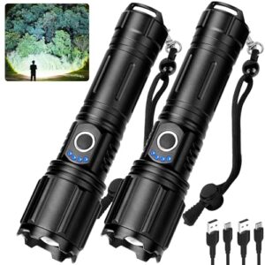 rechargeable flashlights high lumen 2 pack, 990000 lumens super bright led flashlight with 5 modes & 12 h run time, ipx6 waterproof powerful handheld flash light for home, camping emergencies