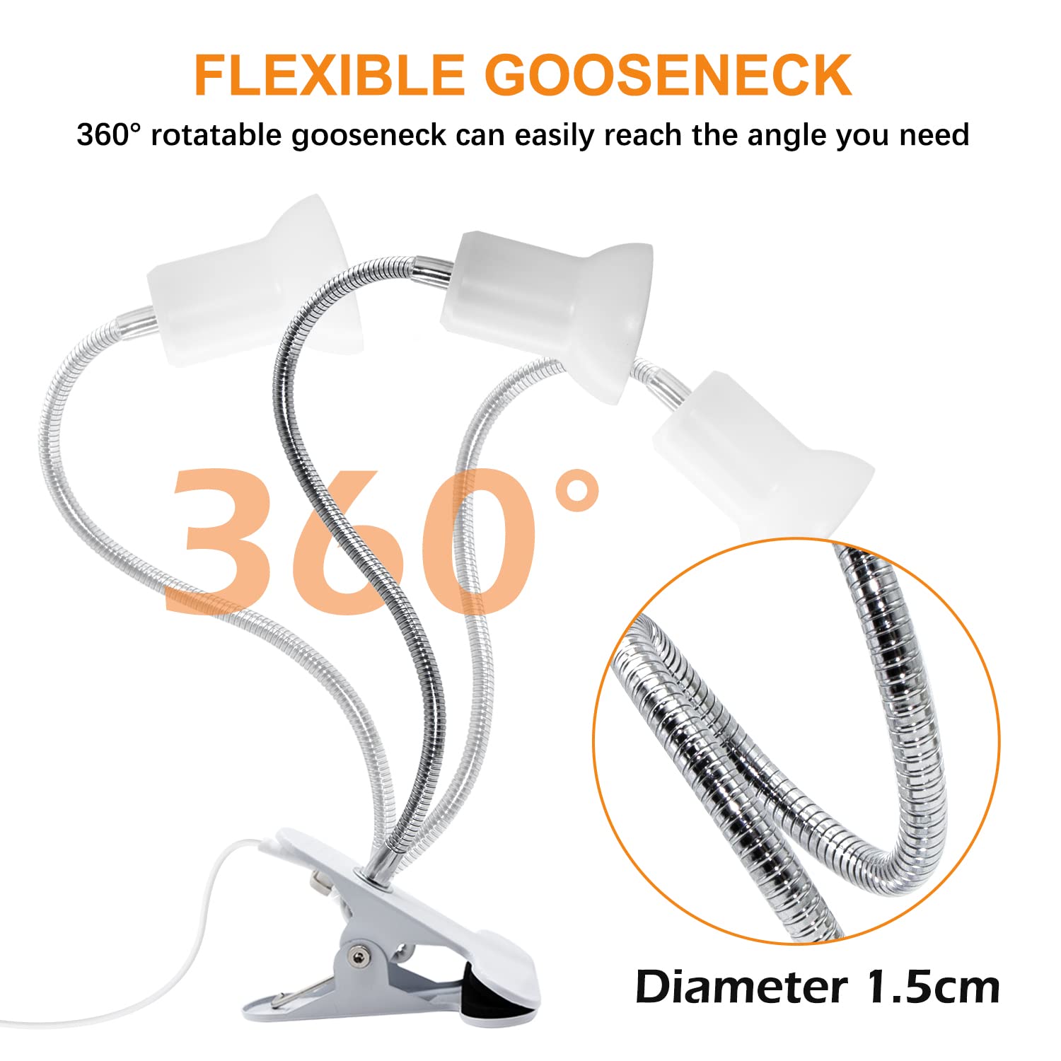 Desk Lamp with Clamp Clip on Light Socket Reading Light White Clamp Light with on/Off Switch Clip on Desk Lamps with 40mm Thick Aluminium Goose Neck 360° Rotatable, for Home Office Bed