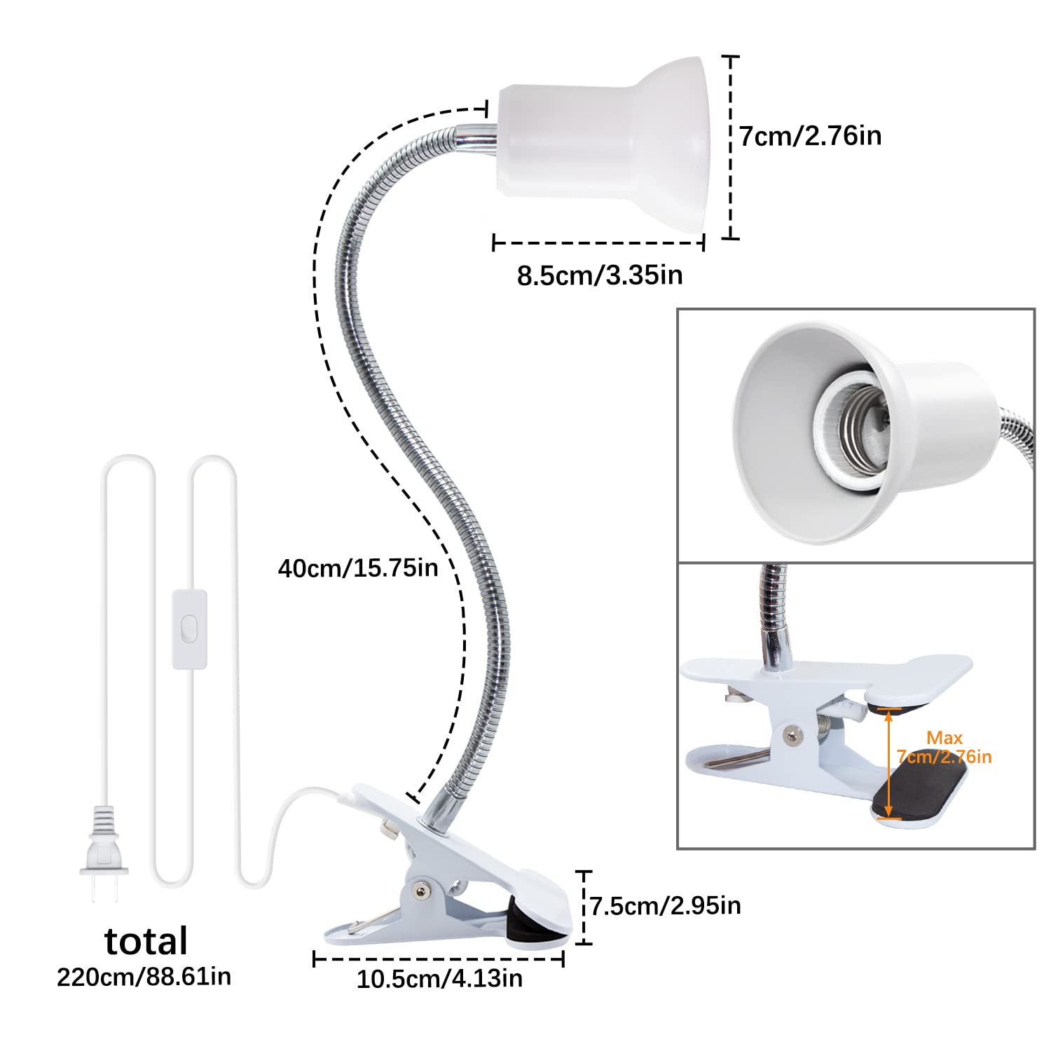 Desk Lamp with Clamp Clip on Light Socket Reading Light White Clamp Light with on/Off Switch Clip on Desk Lamps with 40mm Thick Aluminium Goose Neck 360° Rotatable, for Home Office Bed