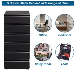 PEUKC 6 Drawer Metal Chest, 14.17”Deep Small File Cabinet, Under Desk Storage Cabinet with Sliding Rail for Office, Bedroom, Living Room (Black)