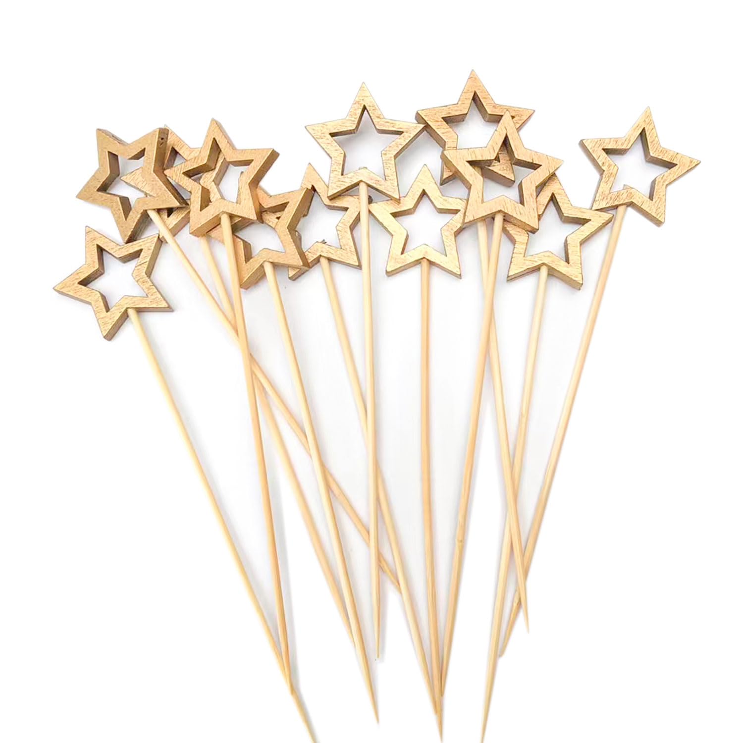 Jiooil Bear Gold Star Bamboo Cocktail Picks, 5.5 Inch Long Decorative Toothpicks Skewers for Appetizers, Fruits and Drink Garnish, Holiday Birthday Party Decorations 50 PCS