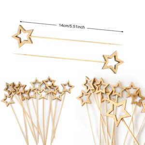 Jiooil Bear Gold Star Bamboo Cocktail Picks, 5.5 Inch Long Decorative Toothpicks Skewers for Appetizers, Fruits and Drink Garnish, Holiday Birthday Party Decorations 50 PCS