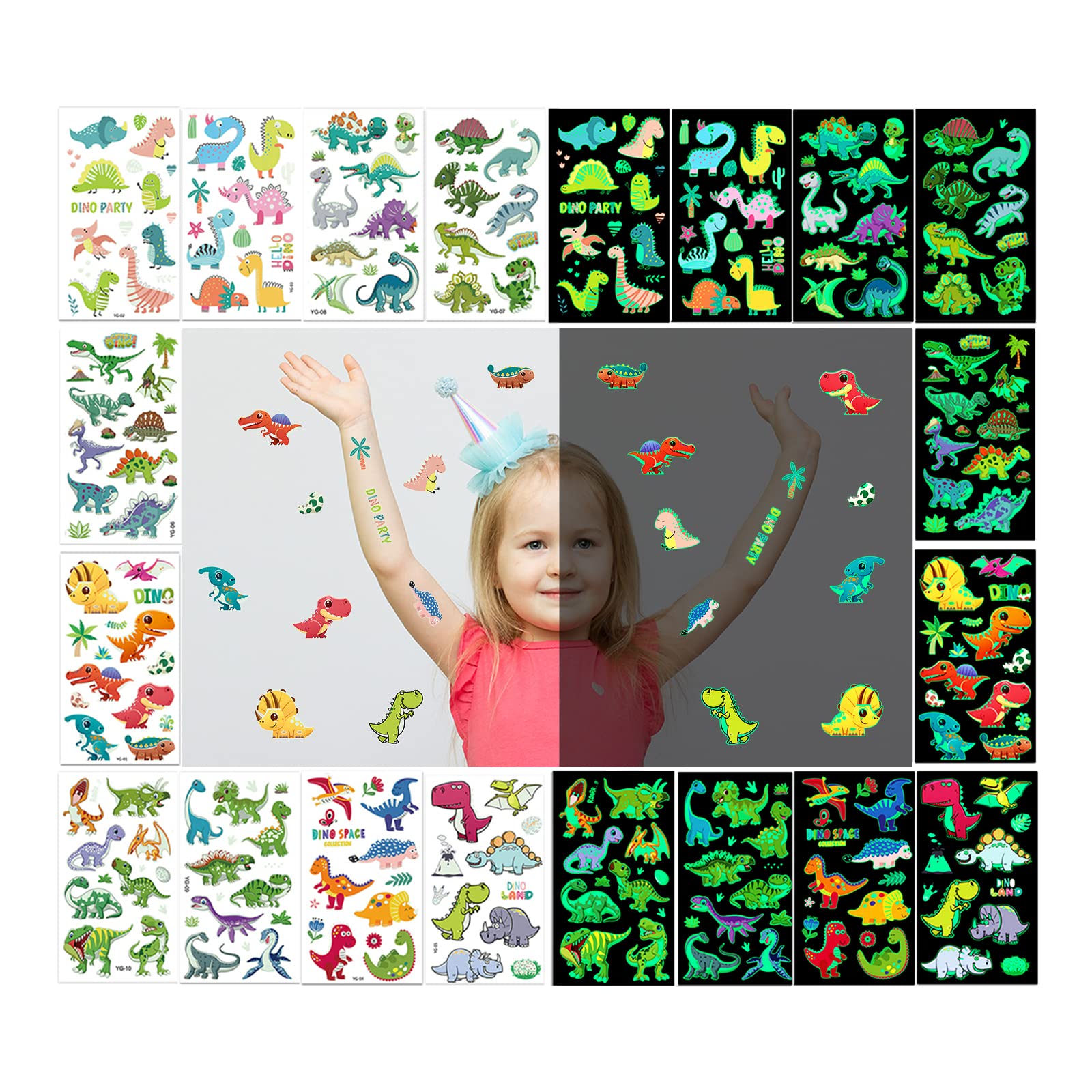 350pcs+ (30 sheets) Glow In The Dark Temporary Tattoos for Kids, Waterproof Luminous Fake Tattoo Sticker Mixed Style With Dinosaur Unicorns Mermaid Space Sea Animals for Girls and Boys