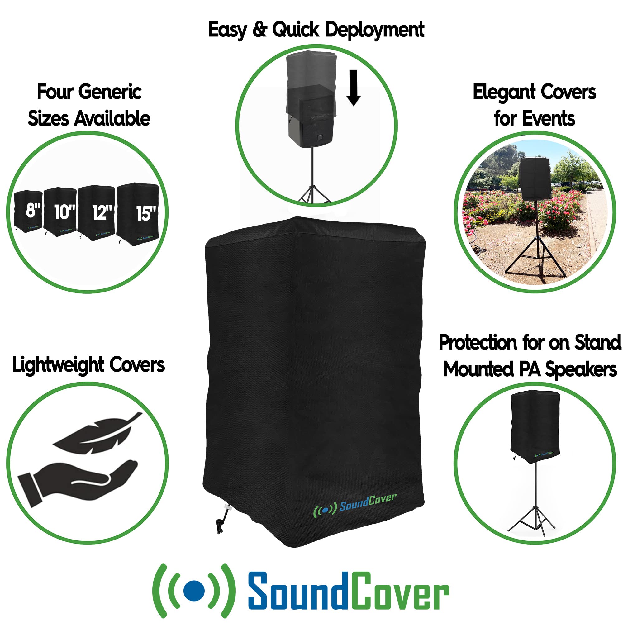 15 Inch PA/DJ Lightweight Powered Speaker Cover Bag in Black for Stand Mounted Speakers - Over the top fit, Water Resistant (not Waterproof), 50 UV Protection - Check Dimensions Before Ordering!