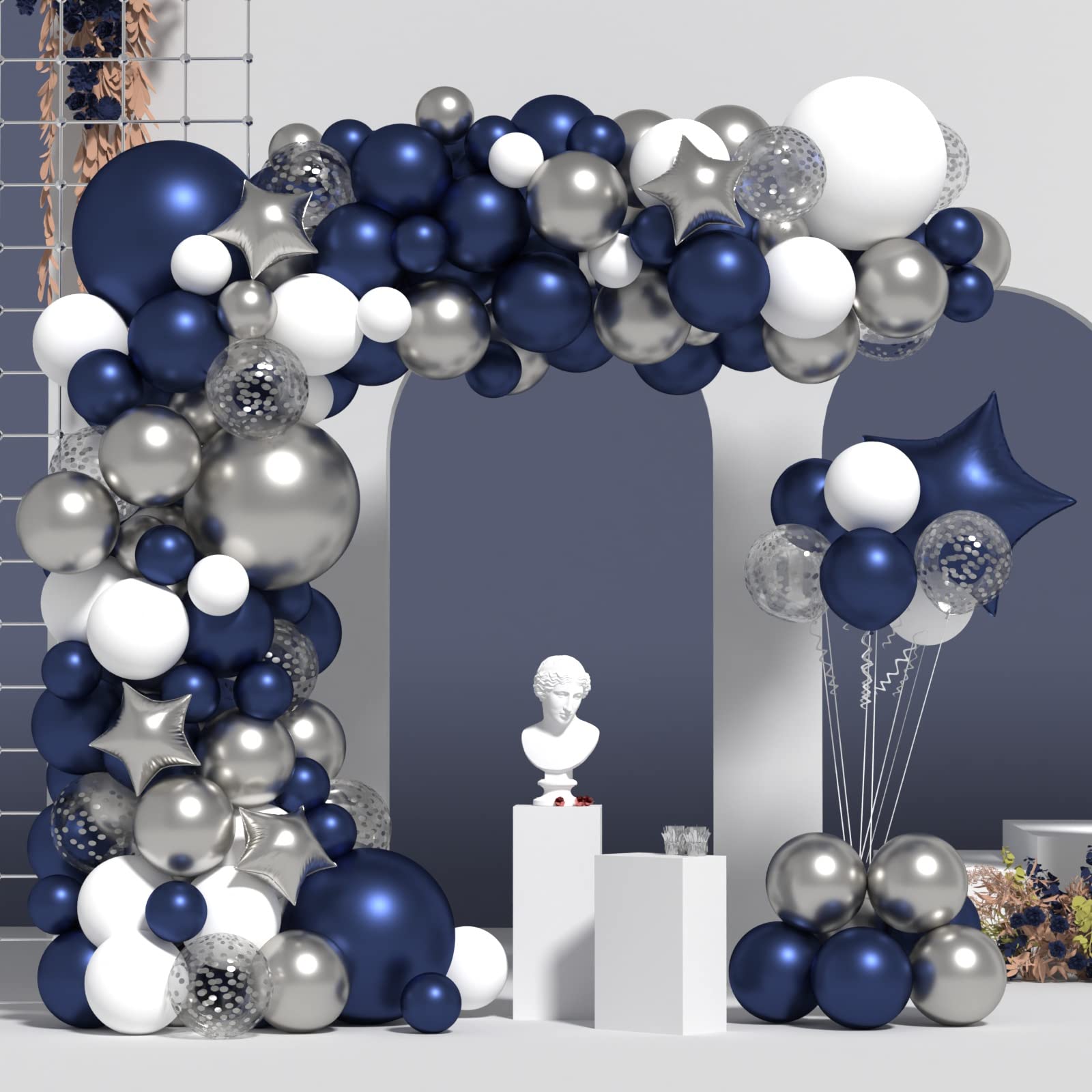 ZFUNBO Navy Blue Silver Balloon Garland Arch Kit, 118pcs Navy Blue Balloon Garland Blue White Silver Confetti Balloons Star Foil Balloons for Graduation Birthday Baby Shower Party Supplies Decorations