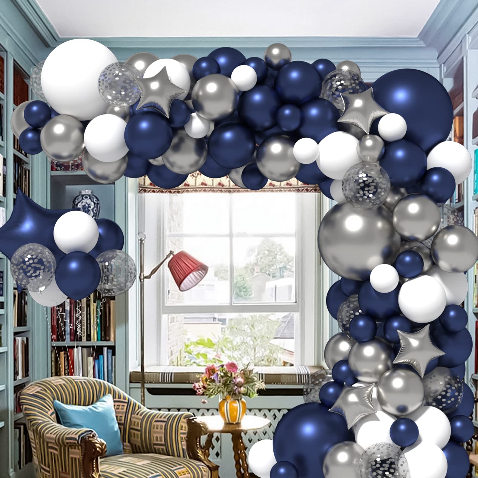 ZFUNBO Navy Blue Silver Balloon Garland Arch Kit, 118pcs Navy Blue Balloon Garland Blue White Silver Confetti Balloons Star Foil Balloons for Graduation Birthday Baby Shower Party Supplies Decorations