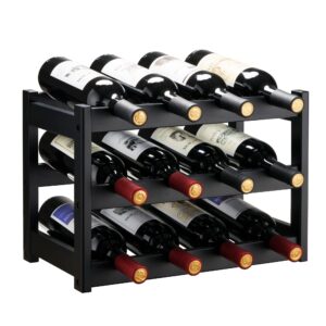 vasmia bamboo wine rack, sturdy and durable wine storage cabinet shelf, wine racks countertop for pantry,kitchen,3-tier 12 bottles wine rack black