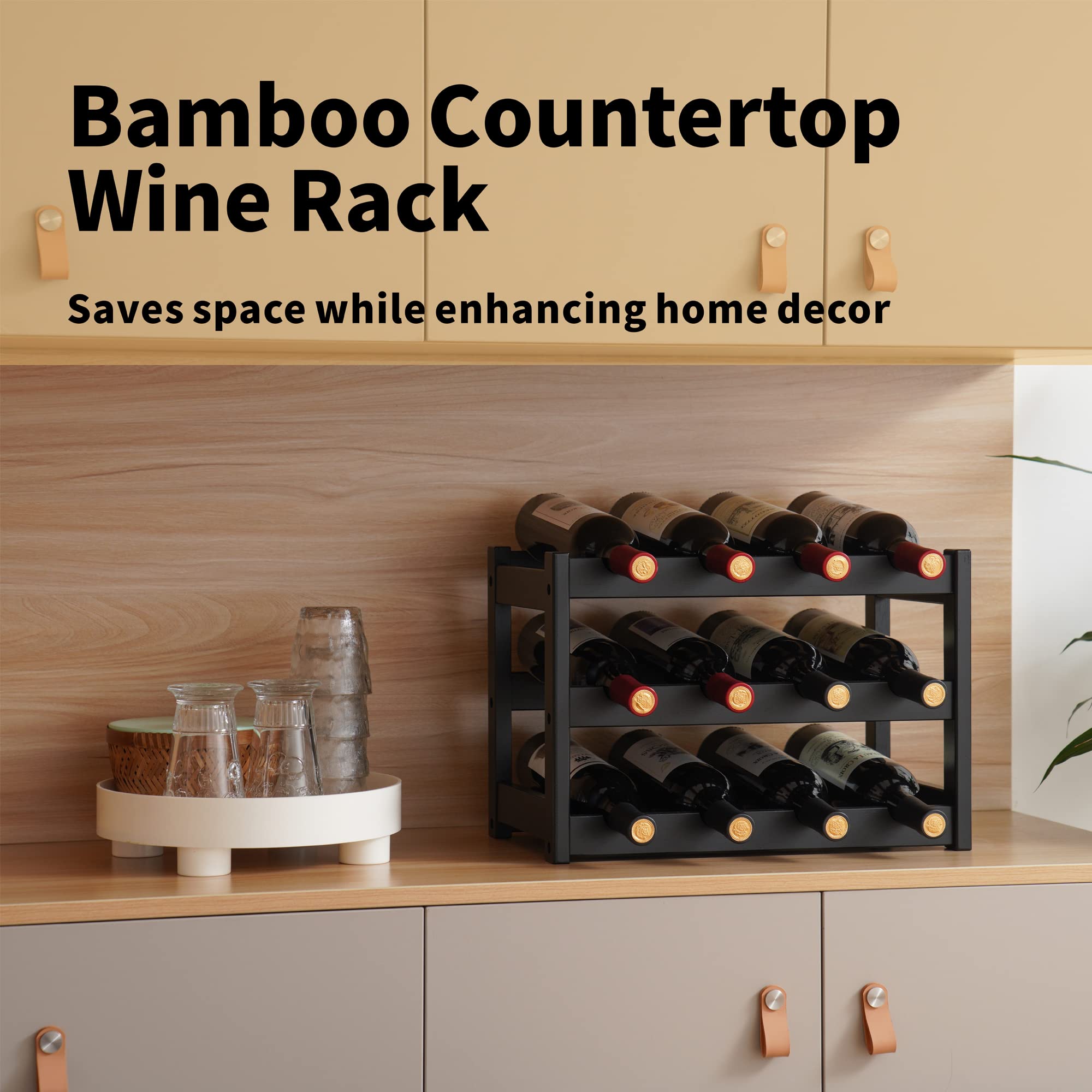 VASMIA Bamboo Wine Rack, Sturdy and Durable Wine Storage Cabinet Shelf, Wine Racks Countertop for Pantry,Kitchen,3-Tier 12 Bottles Wine Rack Black