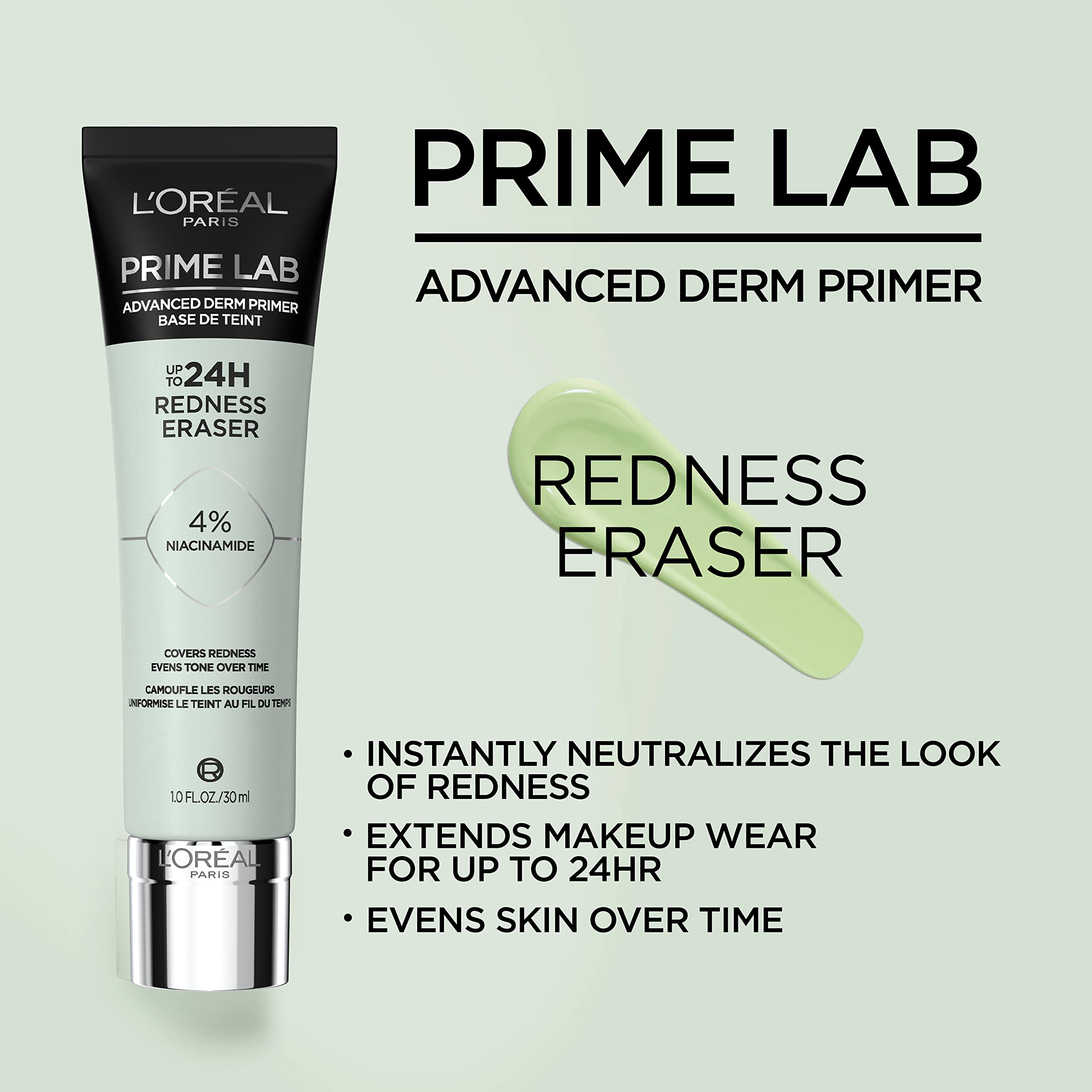 L'Oreal Paris Prime Lab Up to 24H Redness Eraser Face Primer Infused with Niacinamide to Reduce Face Redness and Extend Makeup Wear, 1.01 Fl Oz