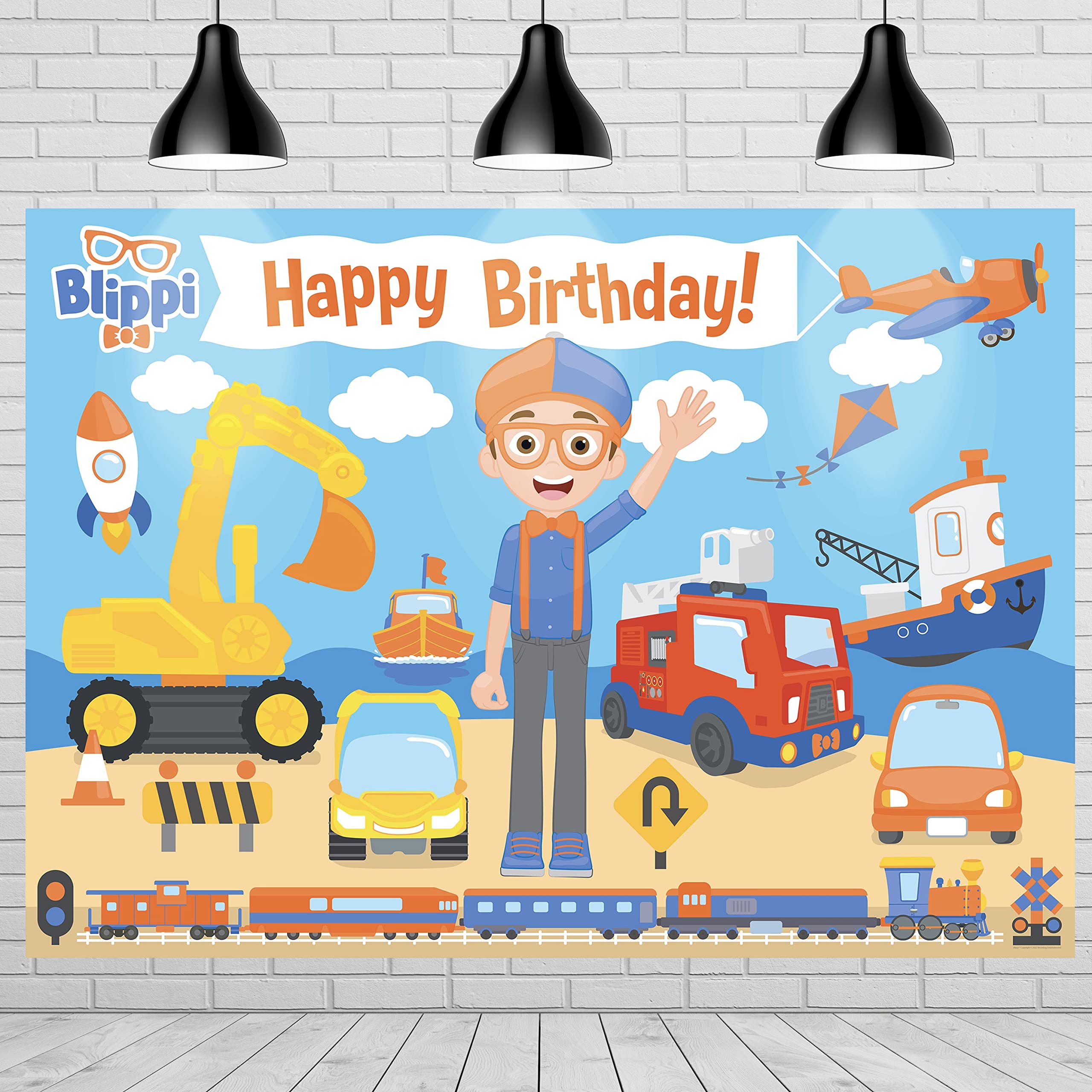 Treasures Gifted Officially Licensed Blippi Birthday Party Supplies - Blippi Backdrop Vehicle - 4.25ft Tall x 6ft Wide Blippi Birthday Backdrop - Blippi Birthday Banner - Blippi Party Decorations