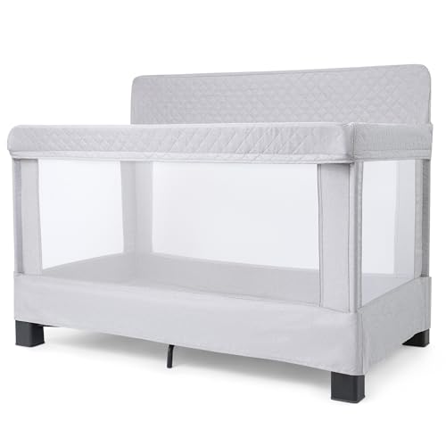 Baby Delight Horizon Full Size Crib, Breathable Mesh Walls, Tool-Free Assembly Baby Bed, Luxe Quilted Easy to Clean Fabric, Grey