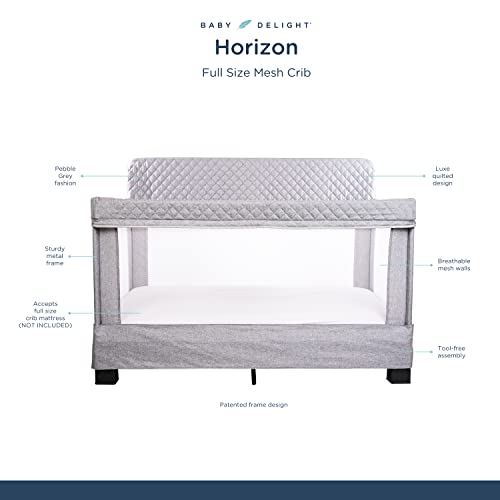 Baby Delight Horizon Full Size Crib, Breathable Mesh Walls, Tool-Free Assembly Baby Bed, Luxe Quilted Easy to Clean Fabric, Grey