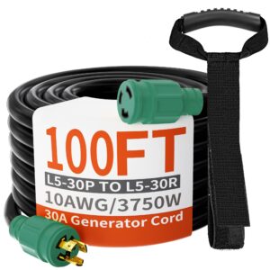 huanchain 3 prong 30 amp generator cord 100 feet heavy duty,nema l5-30p/l5-30r 10 gauge 125v sjtw green lock generator extension cord waterproof, etl listed