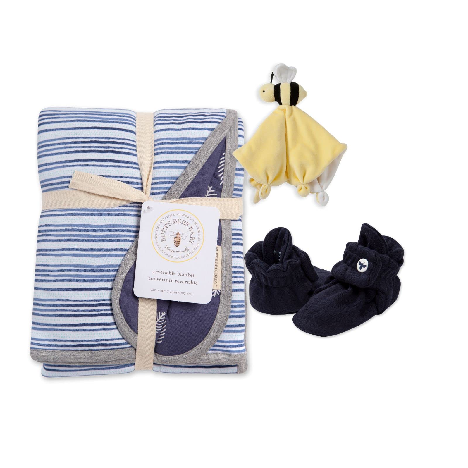 Burt's Bees Baby Unisex Baby Gift Set - Reversible Jersey Blanket, Adjustable Infant Booties & Plush Toy, 100% Organic Cotton Essentials Bundle