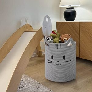 INDRESSME Laundry Basket, Cute Cat Basket with Handles, Tall Woven Basket, Baby Hamper for Nursery, Blanket Basket for Living Room, Storage Basket for Toys, Dirty Clothes, 16"L x 20"H, Grey