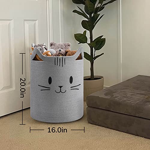 INDRESSME Laundry Basket, Cute Cat Basket with Handles, Tall Woven Basket, Baby Hamper for Nursery, Blanket Basket for Living Room, Storage Basket for Toys, Dirty Clothes, 16"L x 20"H, Grey