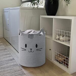 INDRESSME Laundry Basket, Cute Cat Basket with Handles, Tall Woven Basket, Baby Hamper for Nursery, Blanket Basket for Living Room, Storage Basket for Toys, Dirty Clothes, 16"L x 20"H, Grey