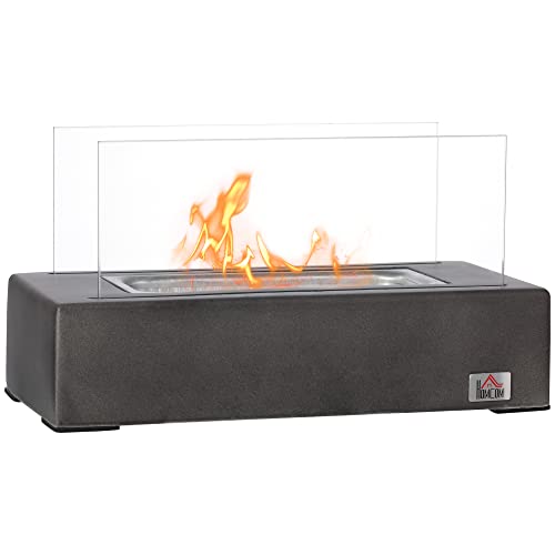 HOMCOM Tabletop Fireplace, 13" Concrete Alcohol Fireplace with Stainless Steel Lid for Indoor and Outdoor, 0.04 Gal Max 195 Sq. Ft., Dark Grey