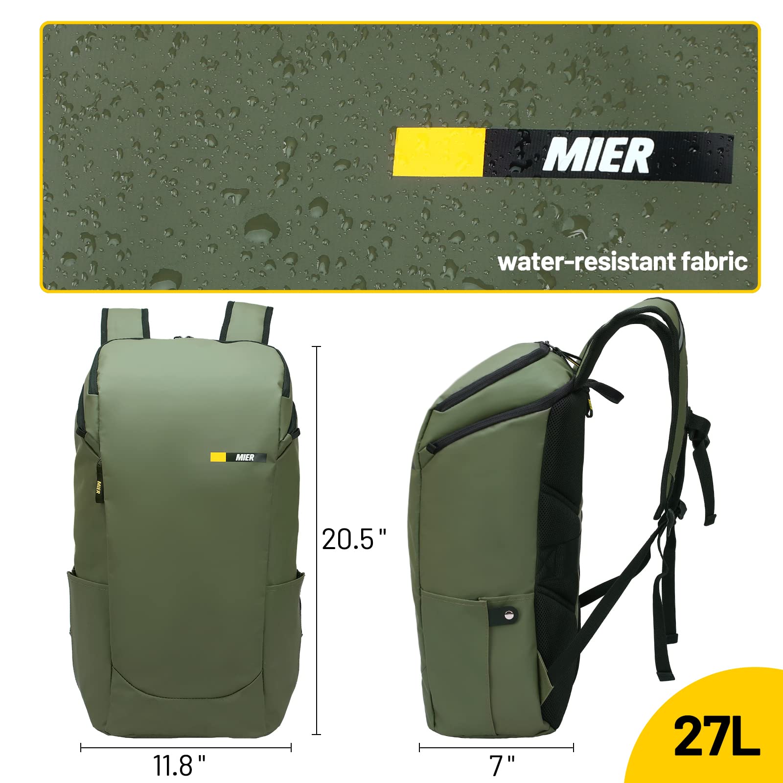 MIER Water Resistant Travel Backpack for Men Women, Carry On Commuter Back Pack Casual Daypack with Multiple Pockets for Work Hiking Outdoors (27L, Green)