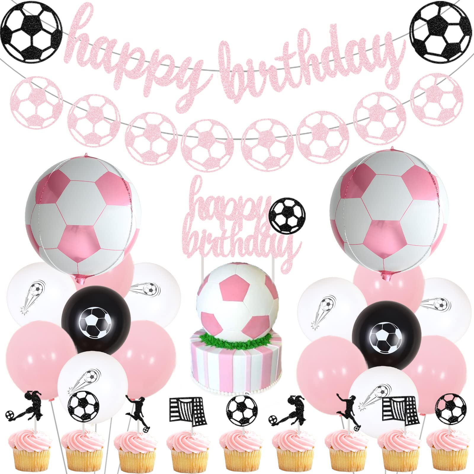 Sursurprise Soccer Birthday Party Decorations for Girls Pink Soccer Birthday Banner Garland Cake Topper Balloon for Sports Theme Birthday Party Supplies