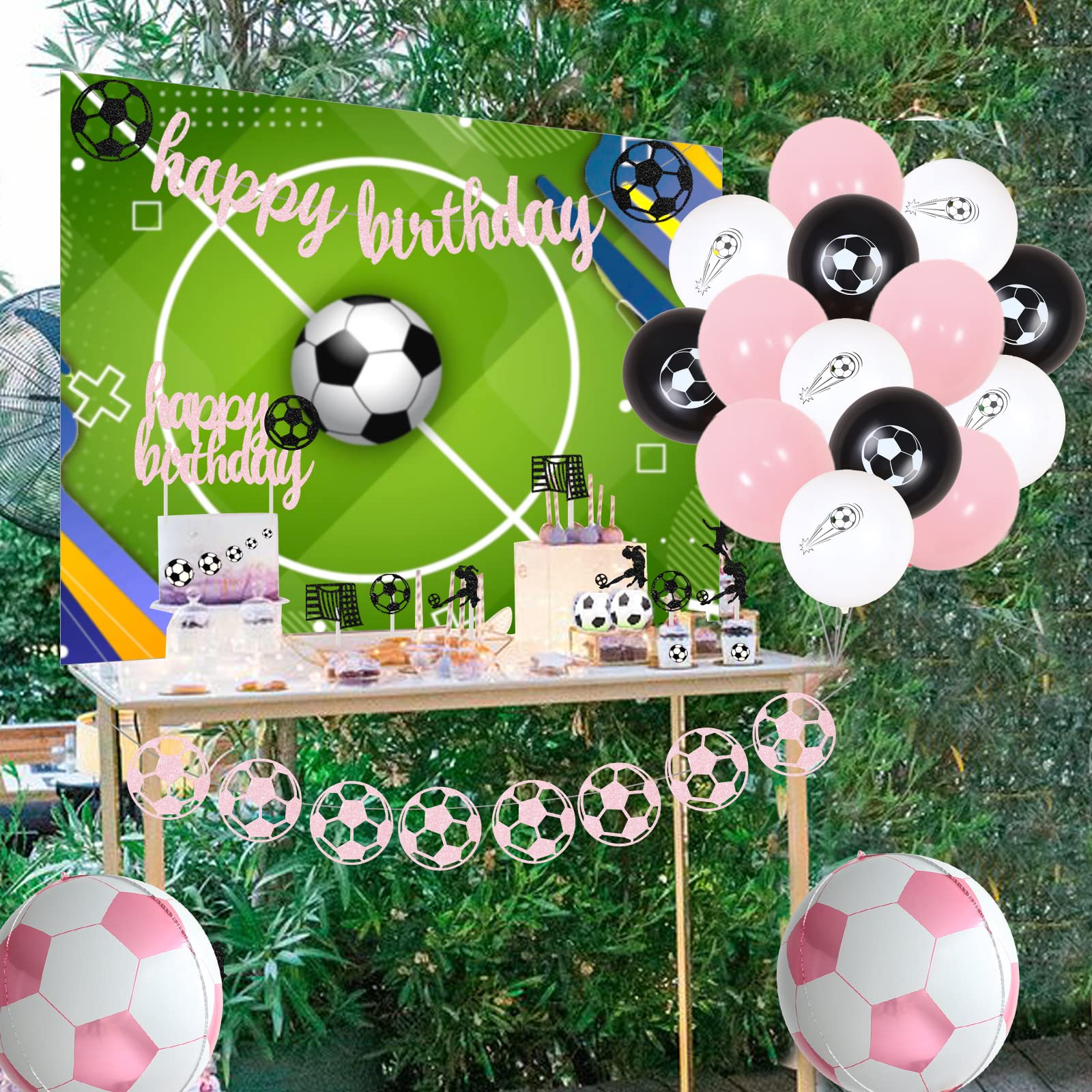 Sursurprise Soccer Birthday Party Decorations for Girls Pink Soccer Birthday Banner Garland Cake Topper Balloon for Sports Theme Birthday Party Supplies