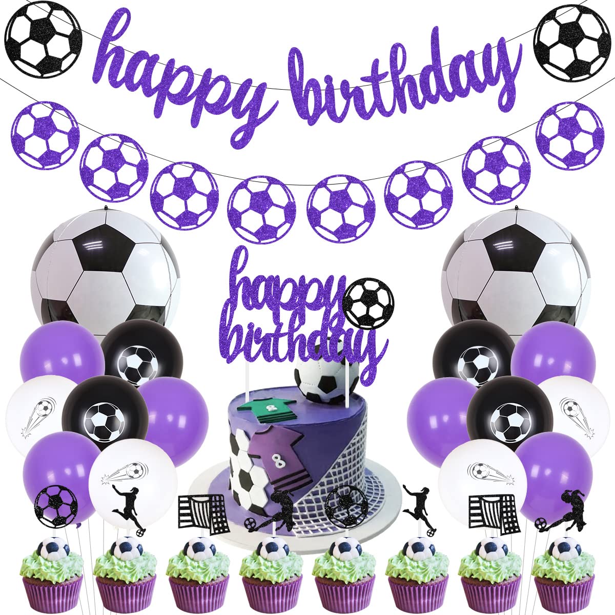 Sursurprise Soccer Birthday Party Decorations for Girls Purple Soccer Birthday Banner Garland Cake Topper Balloon for Sports Theme Birthday Party Supplies