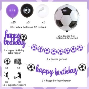 Sursurprise Soccer Birthday Party Decorations for Girls Purple Soccer Birthday Banner Garland Cake Topper Balloon for Sports Theme Birthday Party Supplies