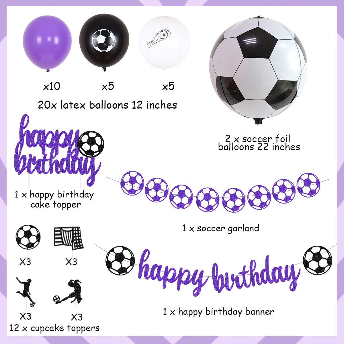 Sursurprise Soccer Birthday Party Decorations for Girls Purple Soccer Birthday Banner Garland Cake Topper Balloon for Sports Theme Birthday Party Supplies