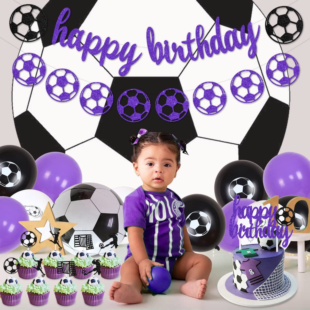 Sursurprise Soccer Birthday Party Decorations for Girls Purple Soccer Birthday Banner Garland Cake Topper Balloon for Sports Theme Birthday Party Supplies