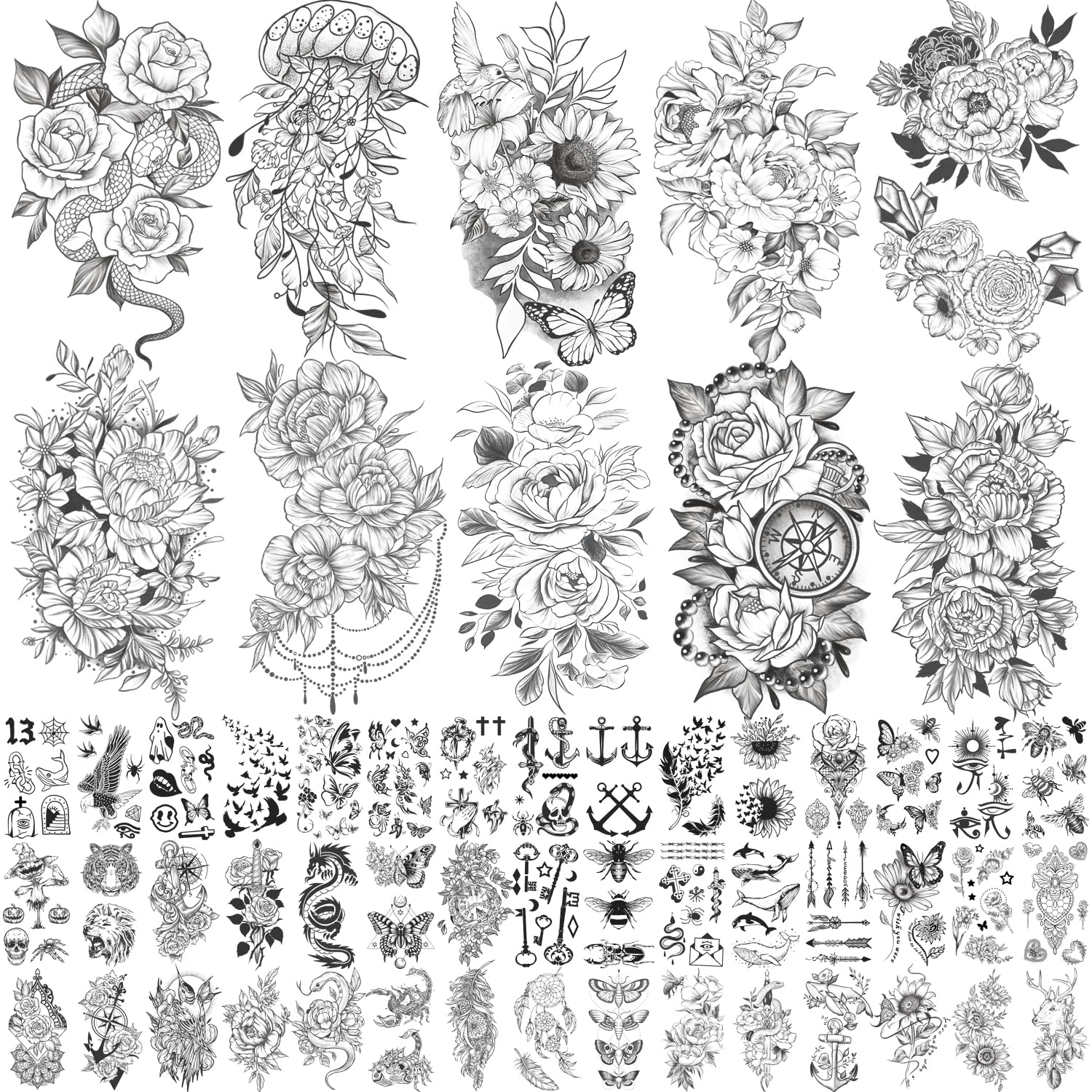 Yazhiji 70sheets Waterproof Temporary Tattoo for Girls or Boys Kids 10sheets Larger Half Arm Snake Sunflower Peony Fake Tattoos for Men or Women And 60 sheets Tiny Butterfly Feather Tat Sticker