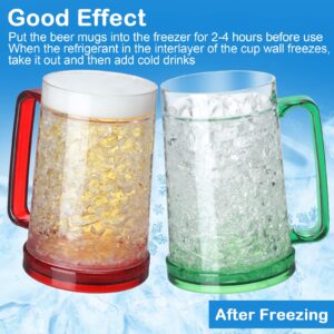 Freezer Beer Mugs with Gel, 16oz Double Wall Insulated Mug, Plastic Mugs with Handles, Freezer Mug for Beer, Clear Double Wall Gel Freezer Mugs for BBQs and Parties (Red/Orange/Blue/Green, 6 Pcs)