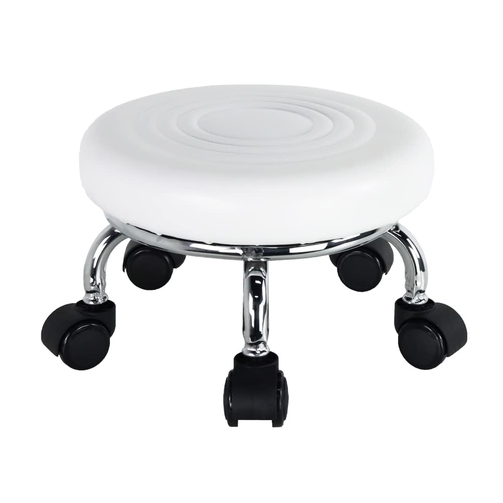 WKWKER Modern Roller Seat PU Leather Low Round Rolling Stool 360° Swivel Small Stool with Universal Caster Wheels Foot Stool for Home Office Garage Shop Fitness Sport H：8.4" （White）