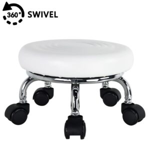 WKWKER Modern Roller Seat PU Leather Low Round Rolling Stool 360° Swivel Small Stool with Universal Caster Wheels Foot Stool for Home Office Garage Shop Fitness Sport H：8.4" （White）