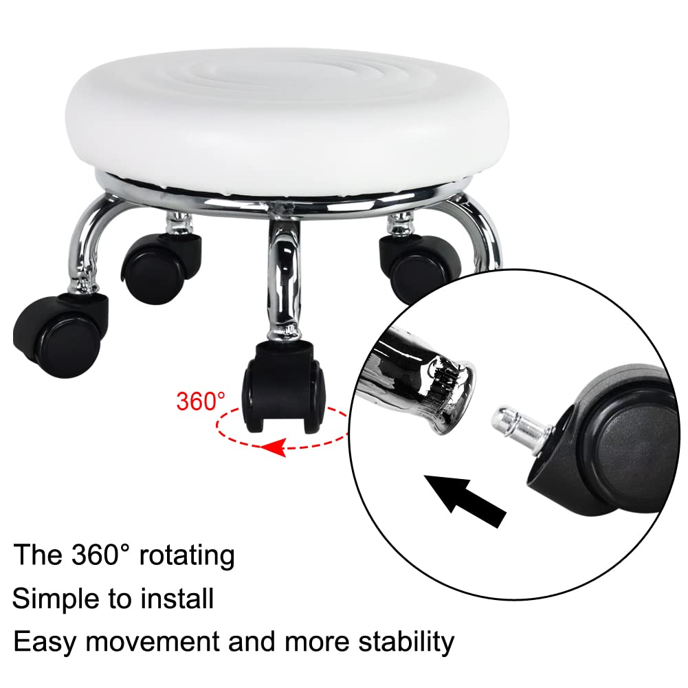 WKWKER Modern Roller Seat PU Leather Low Round Rolling Stool 360° Swivel Small Stool with Universal Caster Wheels Foot Stool for Home Office Garage Shop Fitness Sport H：8.4" （White）