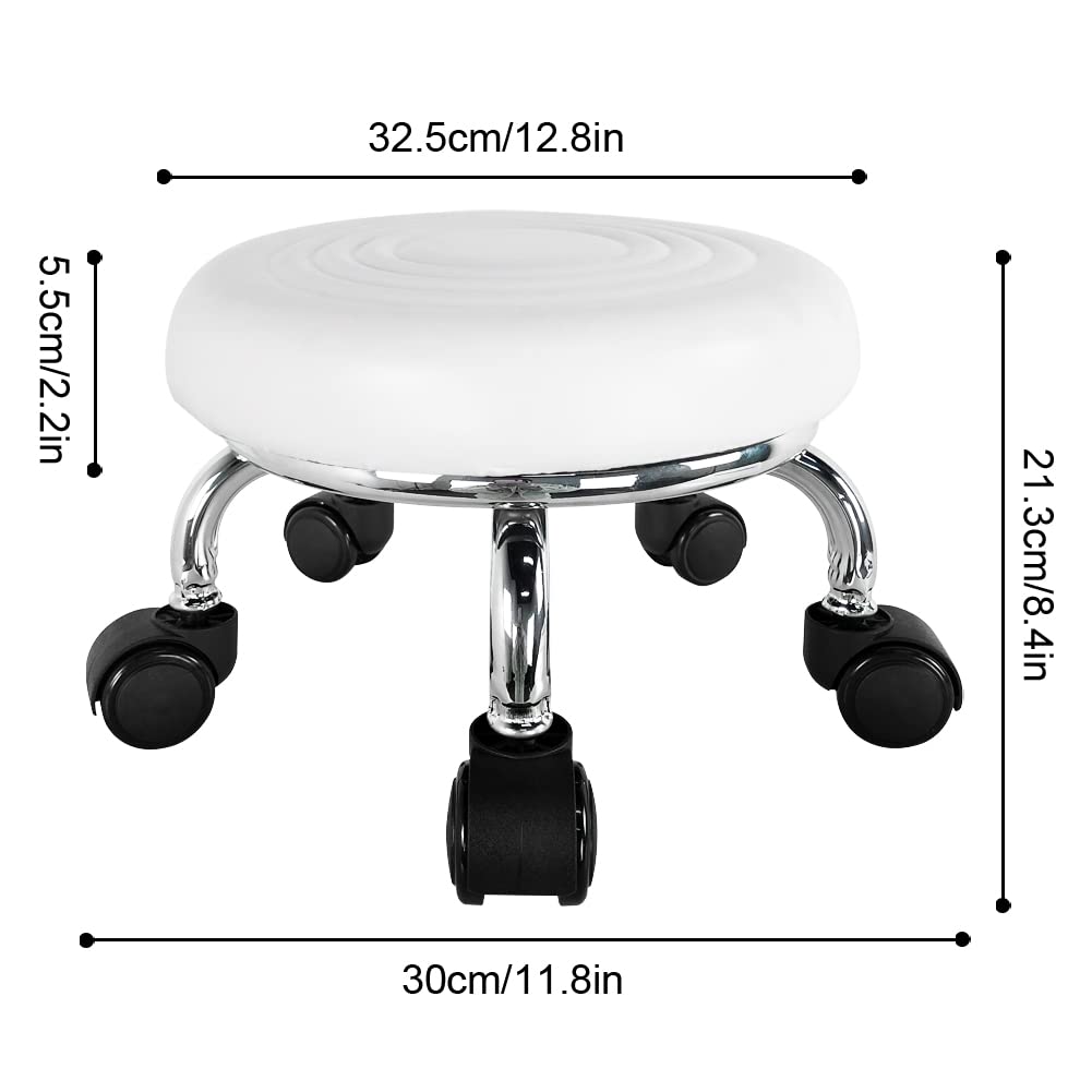 WKWKER Modern Roller Seat PU Leather Low Round Rolling Stool 360° Swivel Small Stool with Universal Caster Wheels Foot Stool for Home Office Garage Shop Fitness Sport H：8.4" （White）