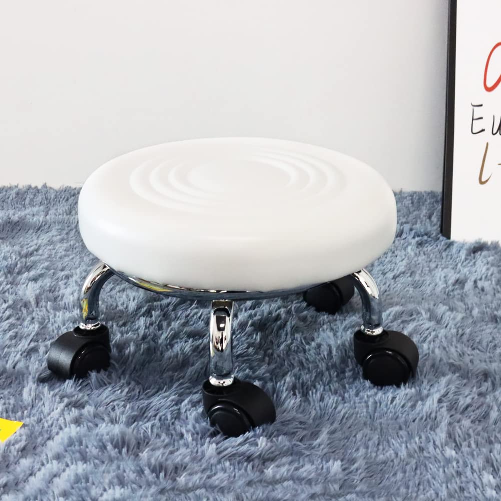 WKWKER Modern Roller Seat PU Leather Low Round Rolling Stool 360° Swivel Small Stool with Universal Caster Wheels Foot Stool for Home Office Garage Shop Fitness Sport H：8.4" （White）