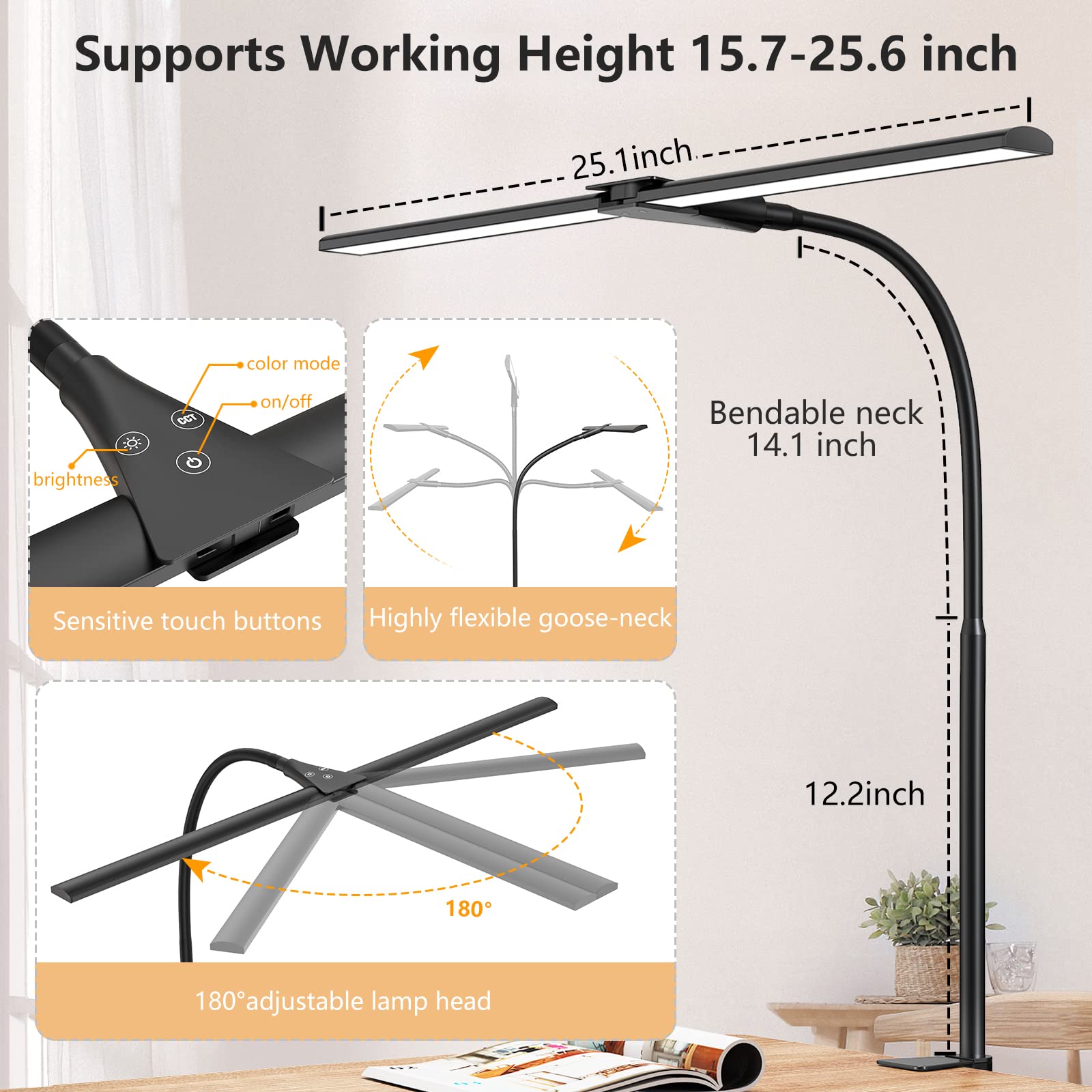 EppieBasic LED Desk lamp,Double Head Architect Desk Lamps for Home Office,Extra Bright Workbench Office Lighting,Eye Protection Modern Desk Light for Monitor Studio Working Reading 1200LM