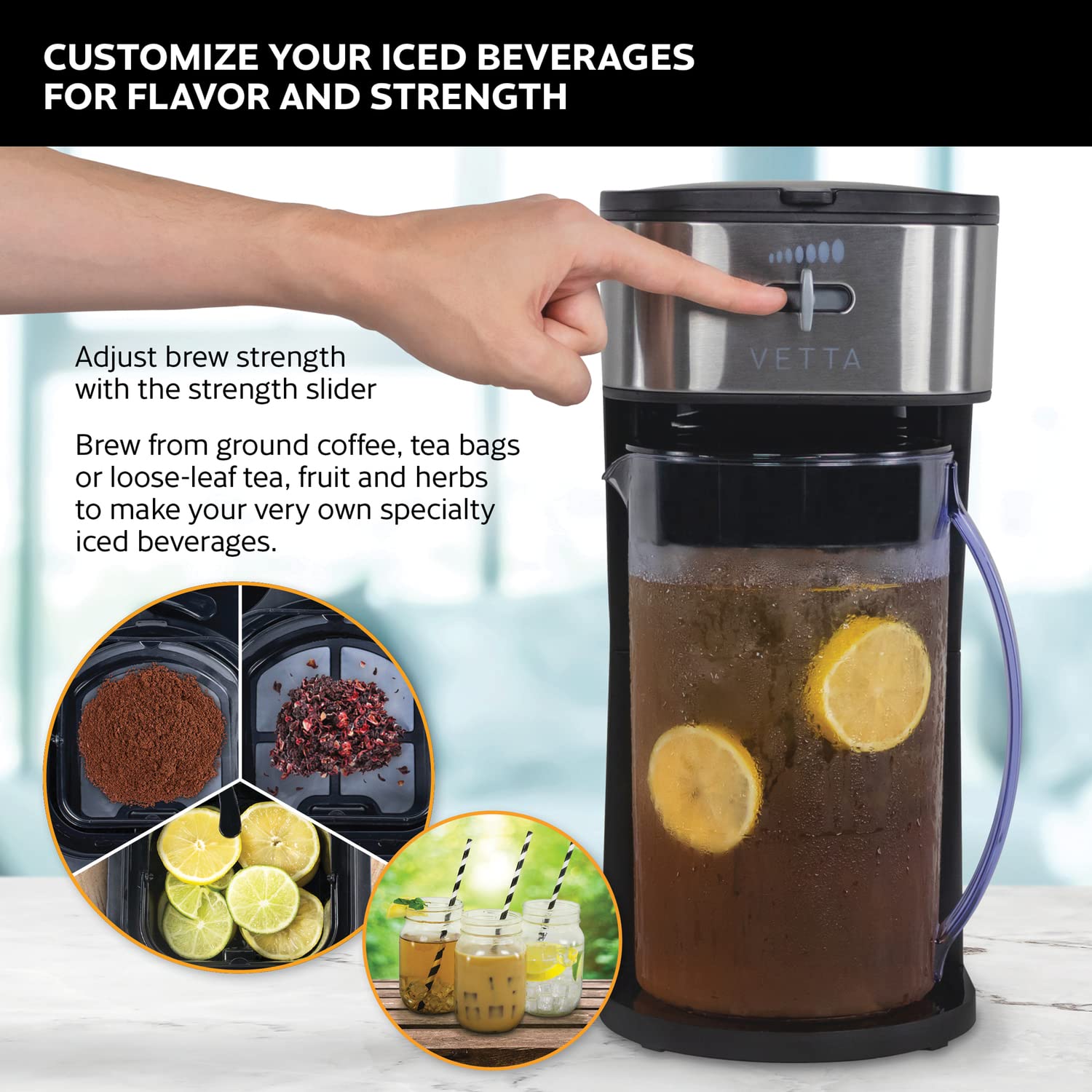 VETTA 10-Cup Iced Tea Maker with Adjustable Strength Selector for Tea and Iced Coffee, Black (VTM-101) (NJE90002)