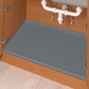 maryha under sink mat for kitchen cabinet - waterproof silicone proctor tray for leaks, drips, spills - flexible shelf liner with raised edge and drain hole for kitchen, bathroom - 34" x 22" black