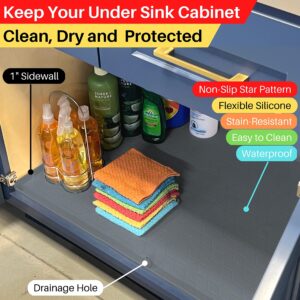 maryha Under Sink Mat for Kitchen Cabinet - Waterproof Silicone Proctor Tray for Leaks, Drips, Spills - Flexible Shelf Liner with Raised Edge and Drain Hole for Kitchen, Bathroom - 34" x 22" Black