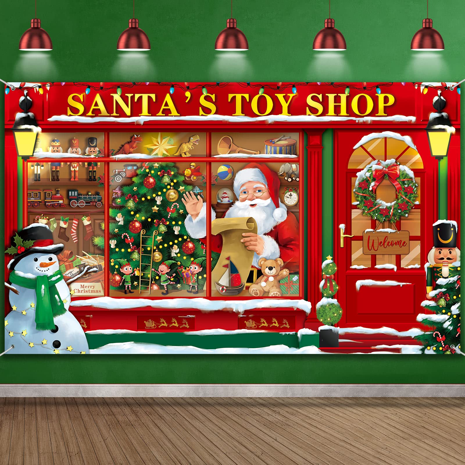 Christmas Backdrop Banner - Santa's Toy Shop Store Background for Holiday Party Photos, 72.8 x 43.3 Inches (Classic)