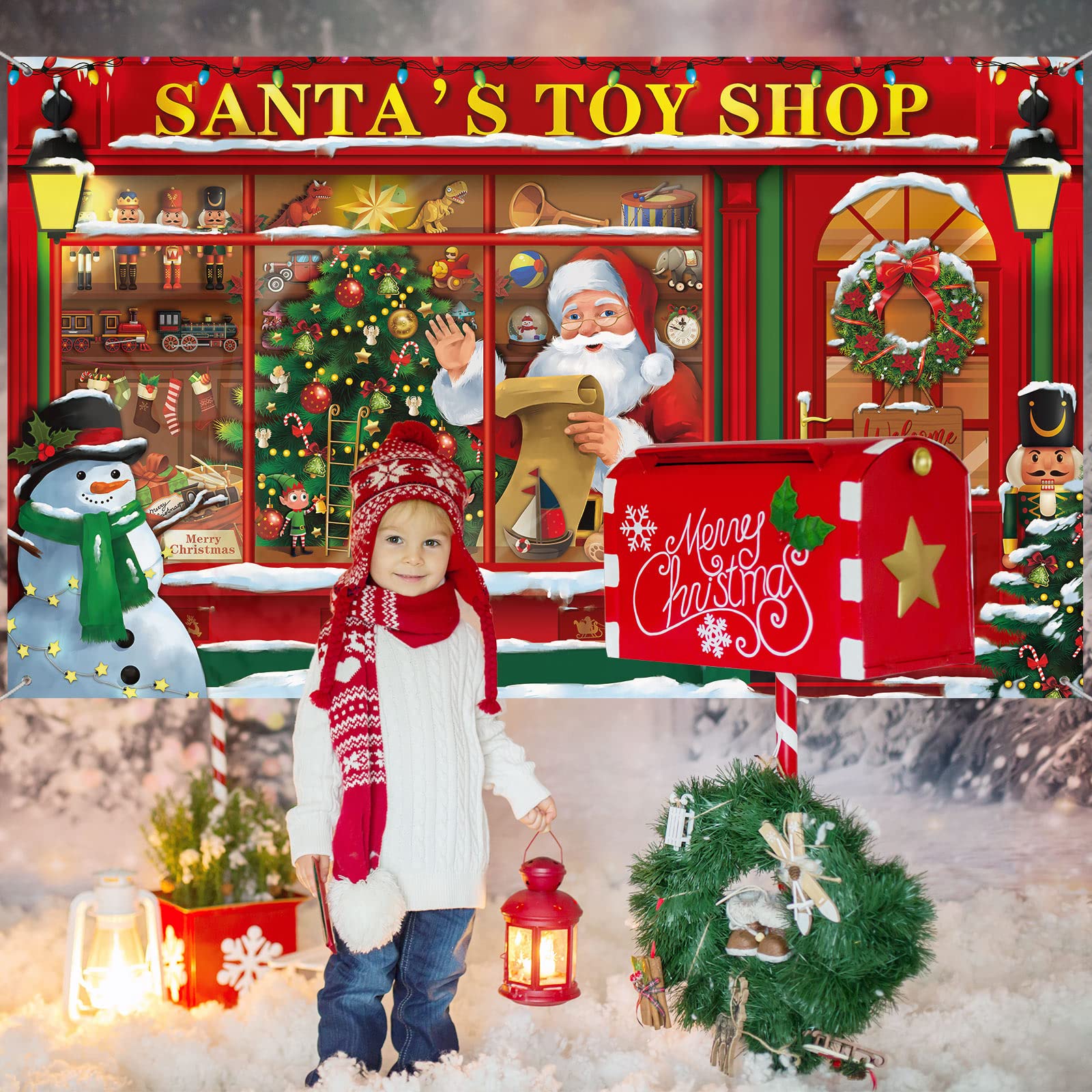 Christmas Backdrop Banner - Santa's Toy Shop Store Background for Holiday Party Photos, 72.8 x 43.3 Inches (Classic)