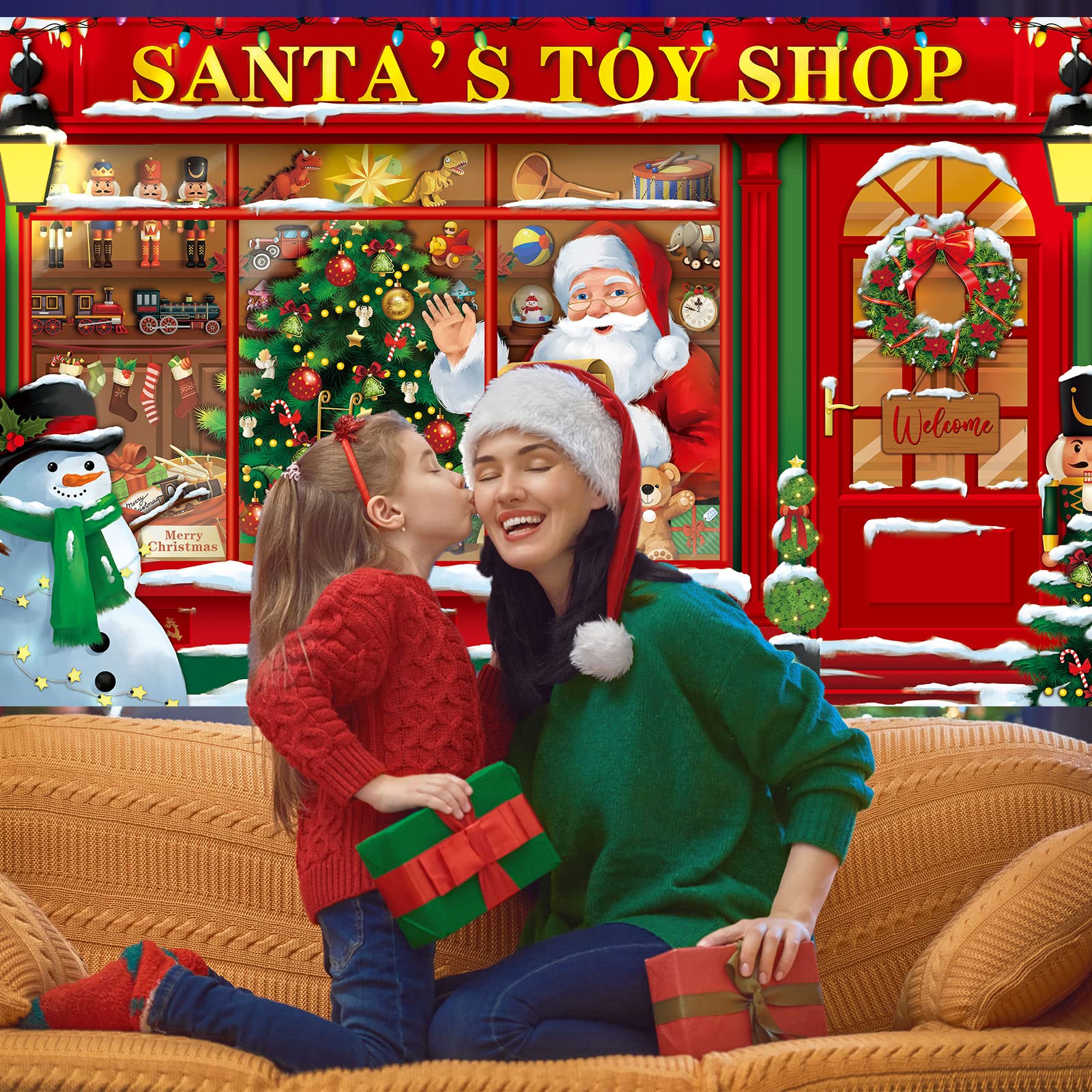 Christmas Backdrop Banner - Santa's Toy Shop Store Background for Holiday Party Photos, 72.8 x 43.3 Inches (Classic)